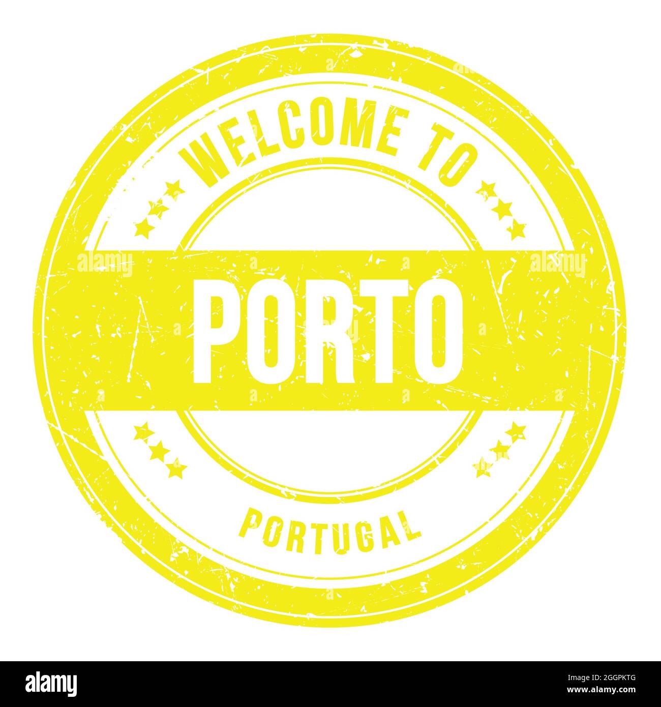 WELCOME TO PORTO - PORTUGAL, words written on yellow round coin stamp ...