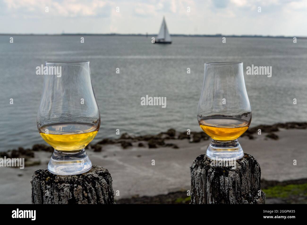 Tasting of dram single malt scotch whisky on seashore in Scotland, old ...