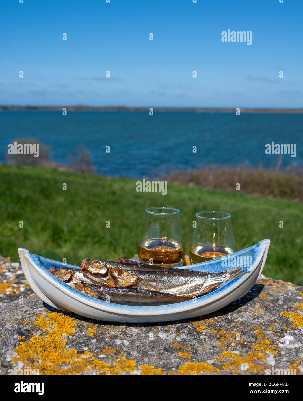 Smoked sprattus or sprats sea fish served outdoor with view on blue sea ...