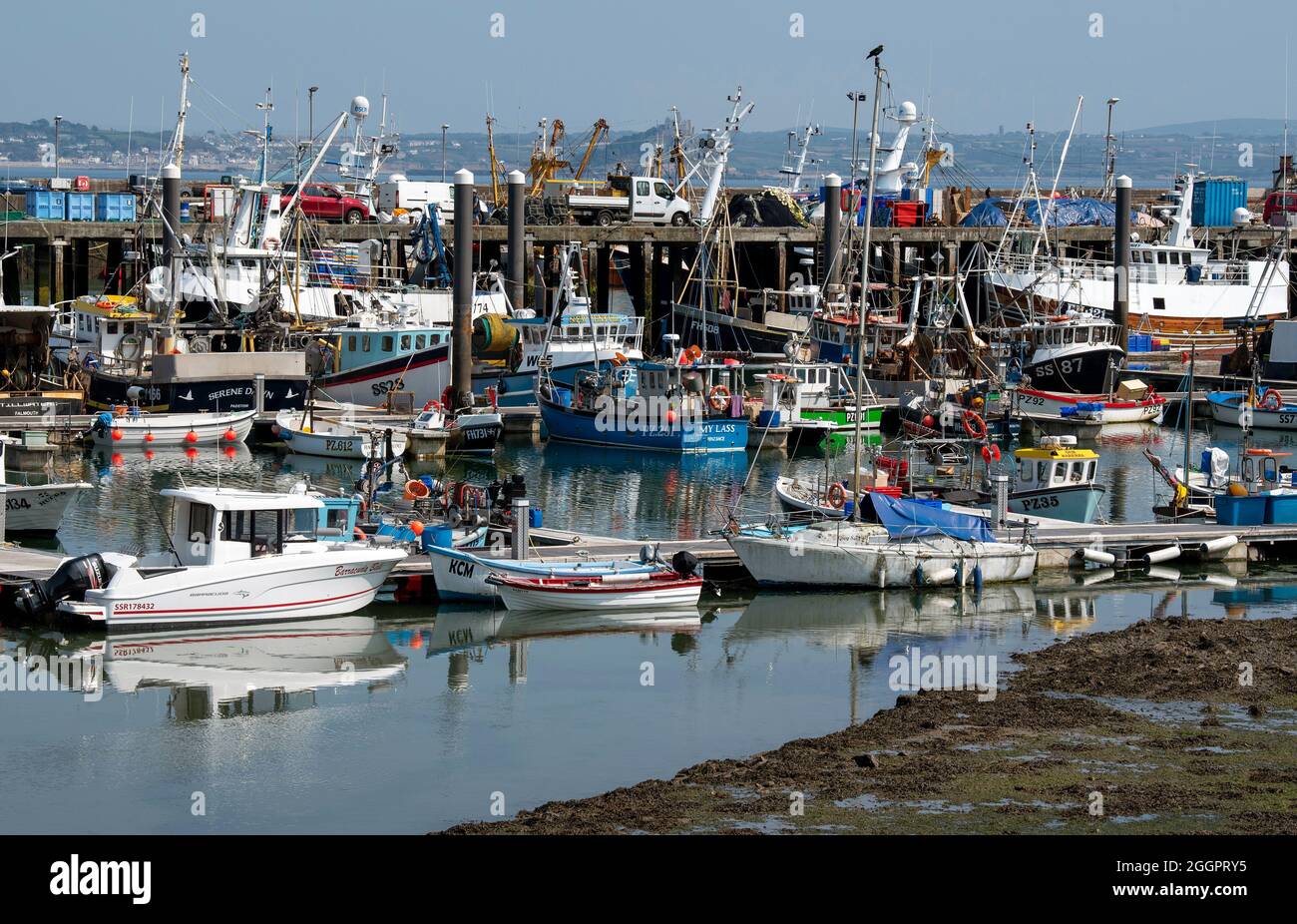 Newlyn, Cornwall, England, UK. 2021, Fishing fleet in Newlyn Harbour a ...