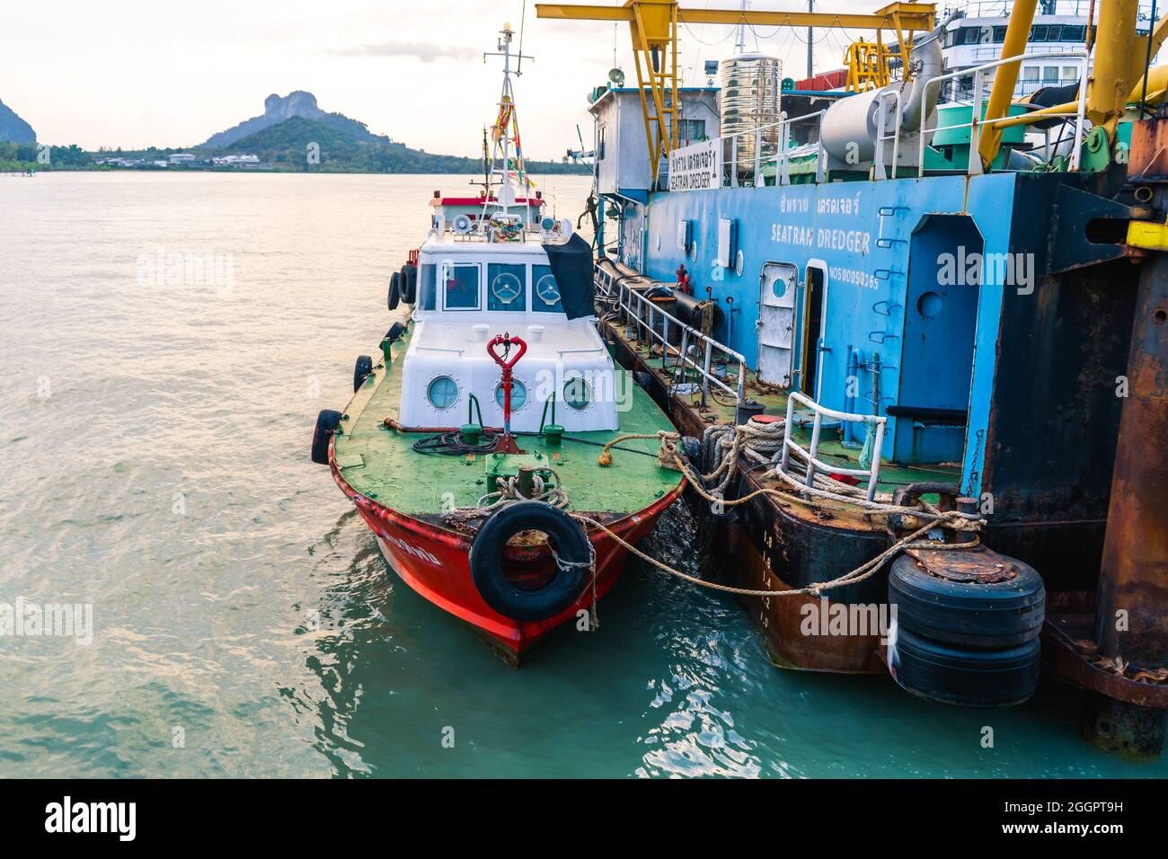 Sea port. Ships and equipment of the port. Samui , Tailand - 02.09.2020 ...