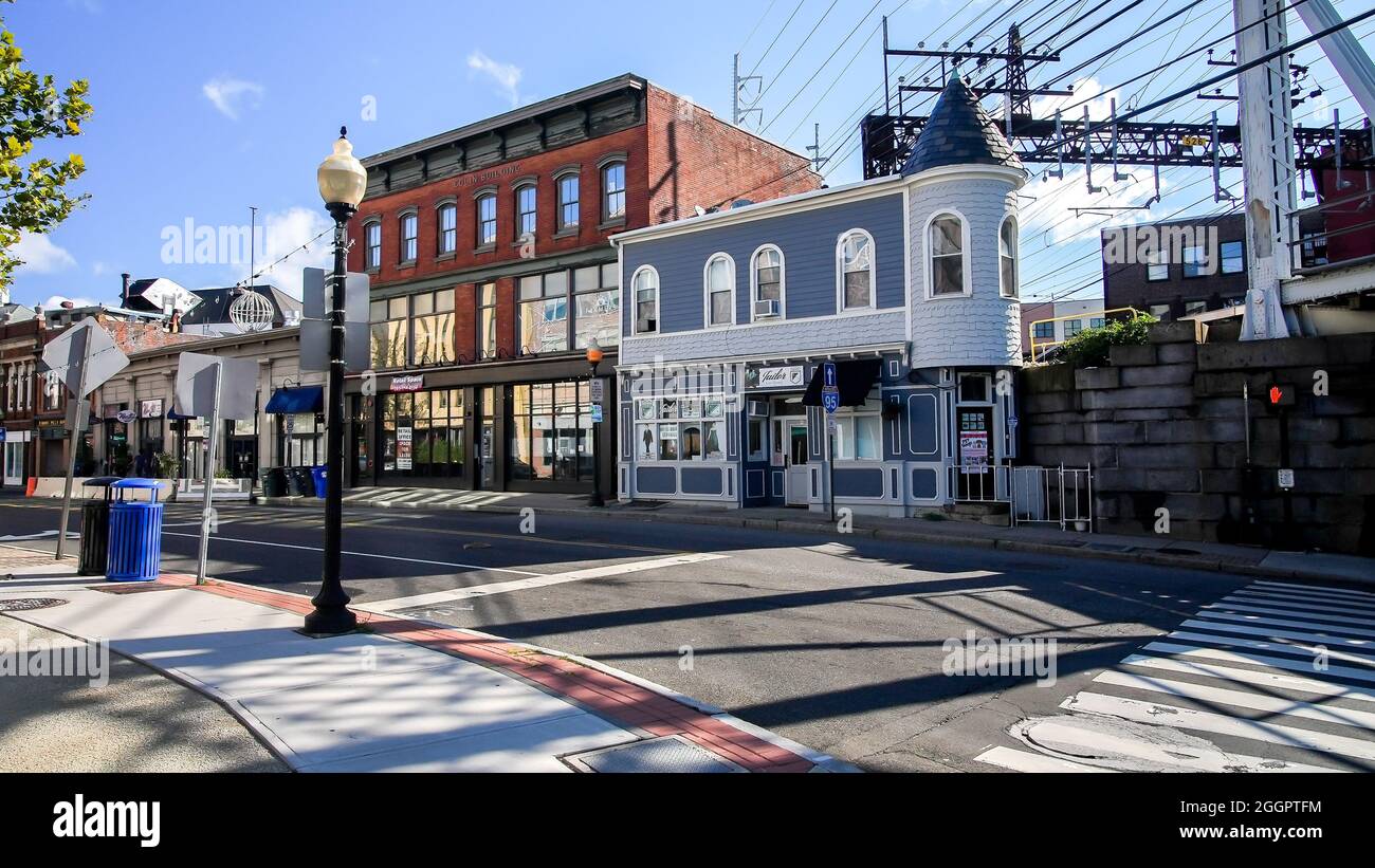 NORWALK, CT, USA - SEPTEMBER 2, 2021: Street view from corner on ...