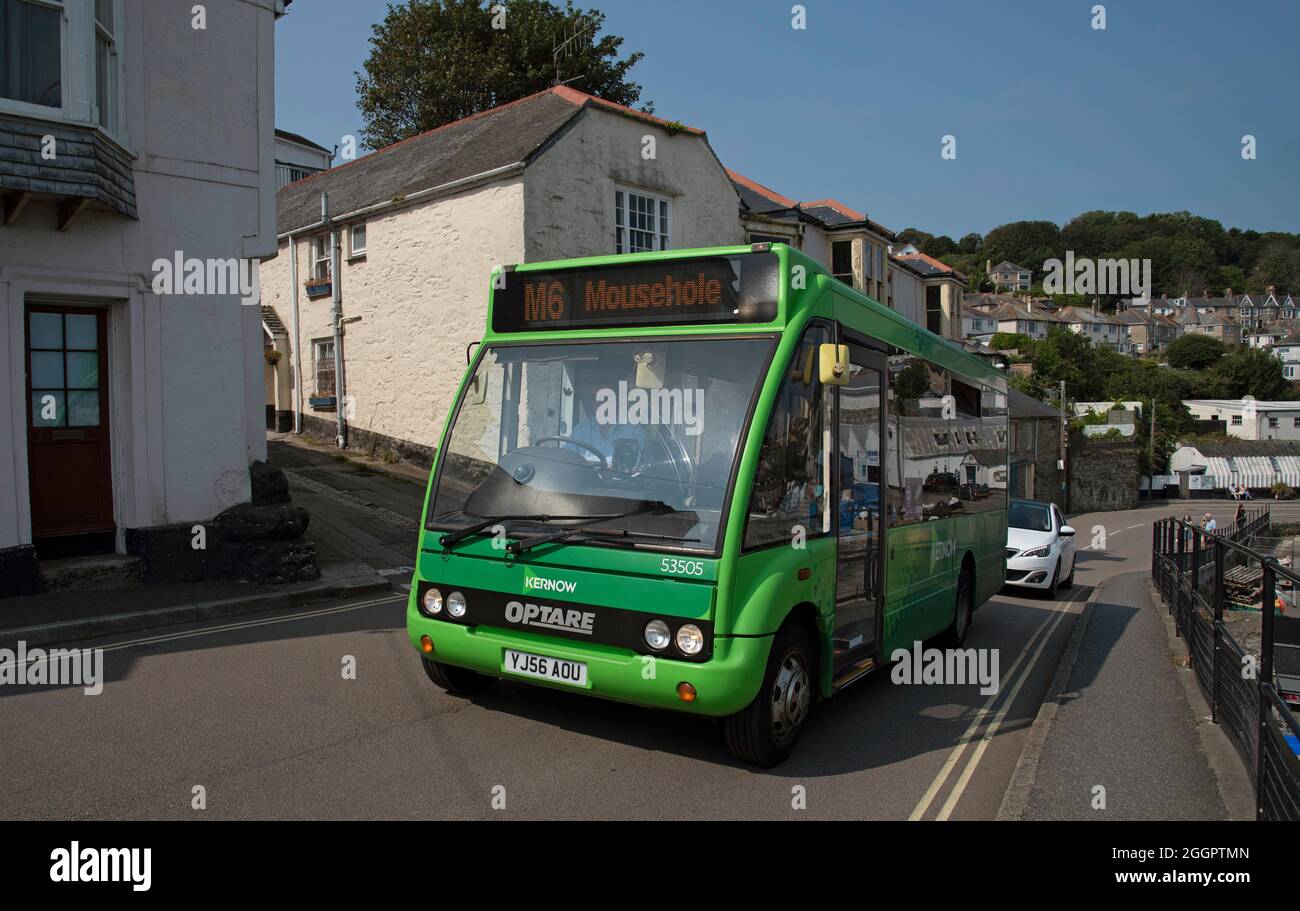 Newlyn, Cornwall, England, UK. 2021. Green bus travelling on the ...