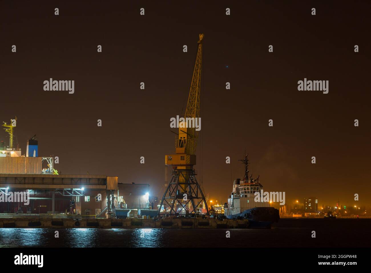 Port terminal of bulk cargo at night time. Industrial port at night ...