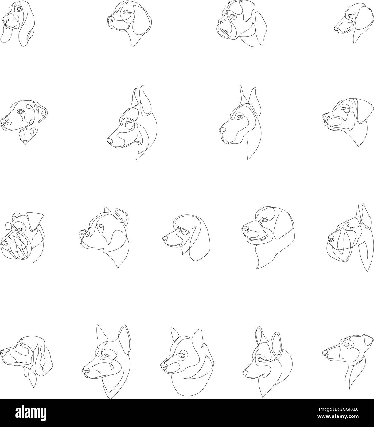 Breeds of dogs drawn in minimal style set. One line dogs. Vector ...