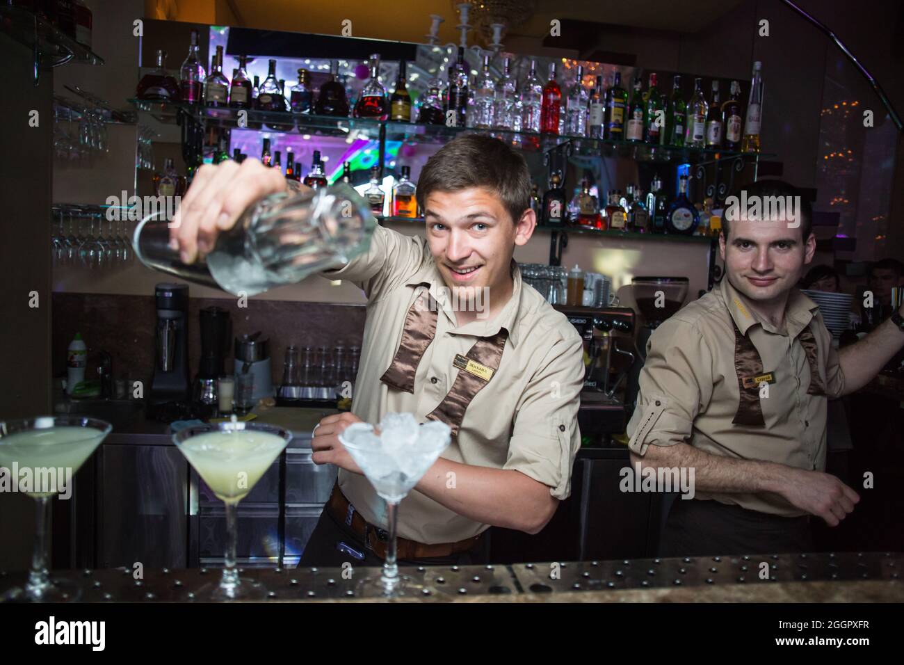 Odessa, Ukraine April 26, 2014: Barman at work in luxury nightclub ...