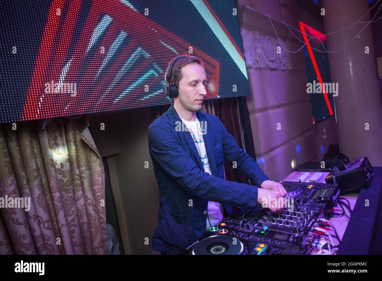 Odessa, Ukraine April 26, 2014: Dj at work in luxury nightclub during ...