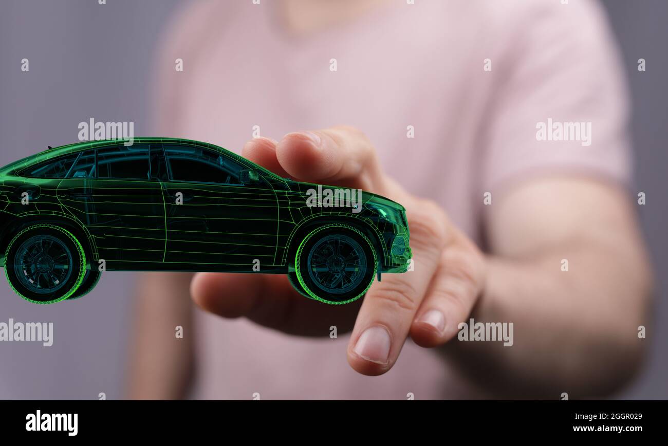 Person presenting a 3D render of autonomous driving with an electric ...