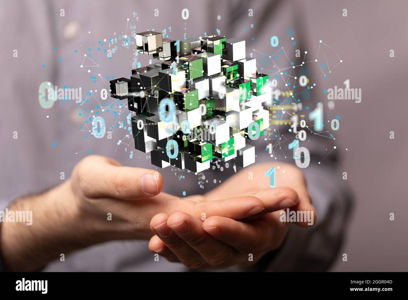 Person presenting a 3D render of data cloud storage network from lines, triangles and particles ...