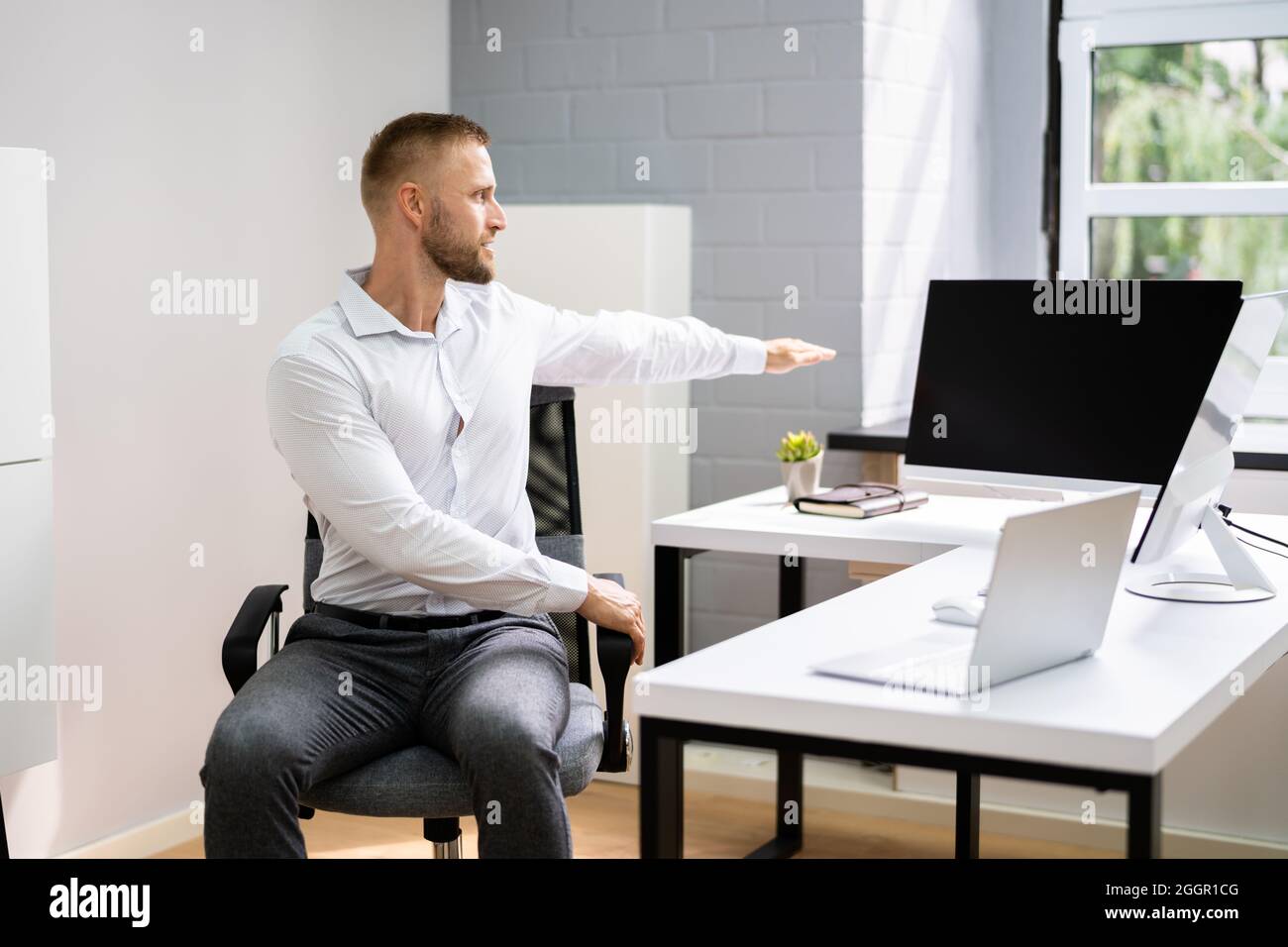 Stretching Yoga Office Workout At Business Computer Desk Stock Photo ...