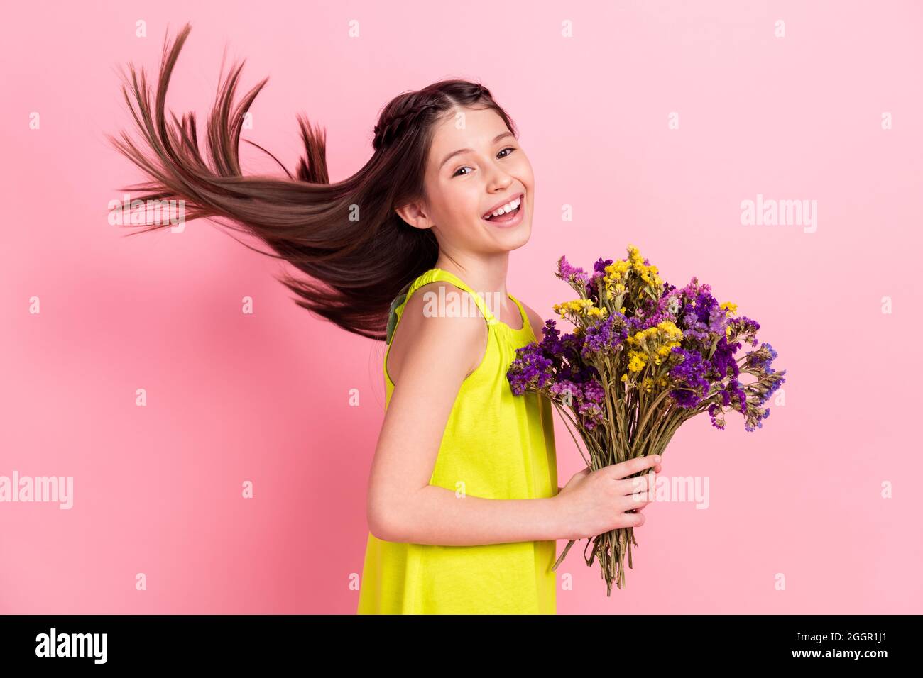 Photo of pretty adorable preteen school girl wear yellow clothes ...