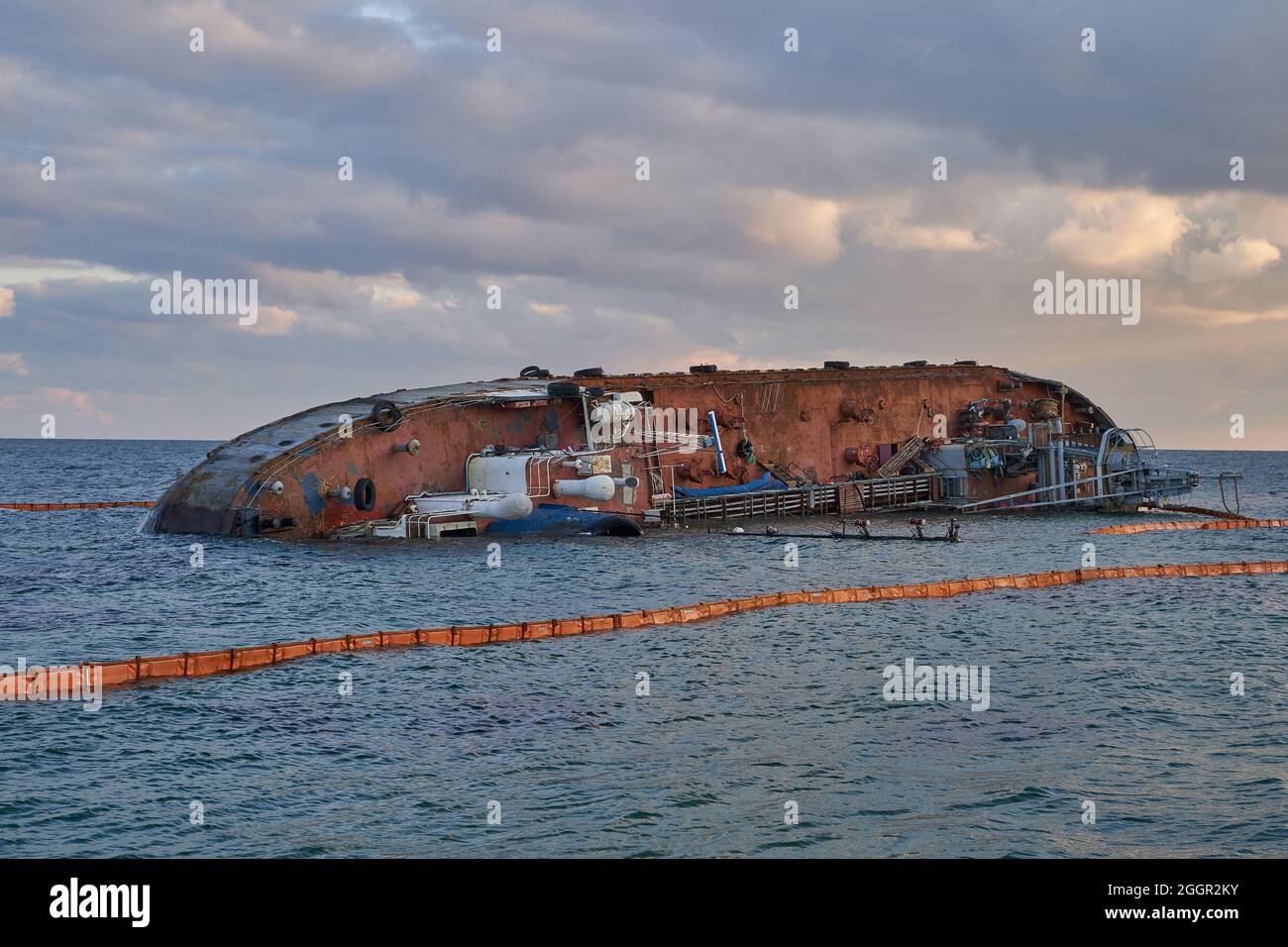 sunken tanker. Tanker Bunker threw storm ashore. The tanker lies on its ...
