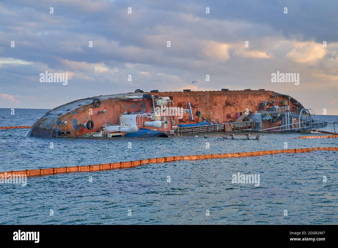 sunken tanker. Tanker Bunker threw storm ashore. The tanker lies on its ...