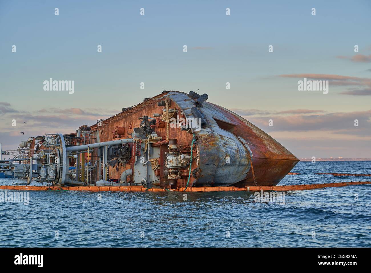sunken tanker. Tanker Bunker threw storm ashore. The tanker lies on its ...