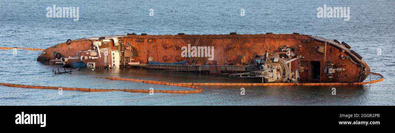 panoramic view sunken tanker. Tanker Bunker threw storm ashore. The ...