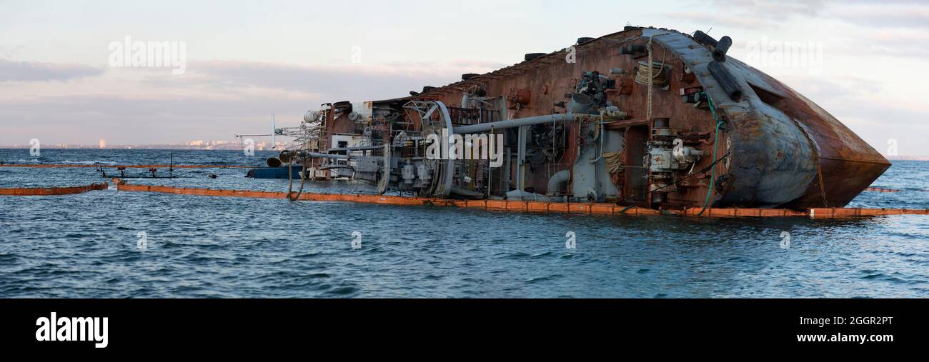 panoramic view sunken tanker. Tanker Bunker threw storm ashore. The ...