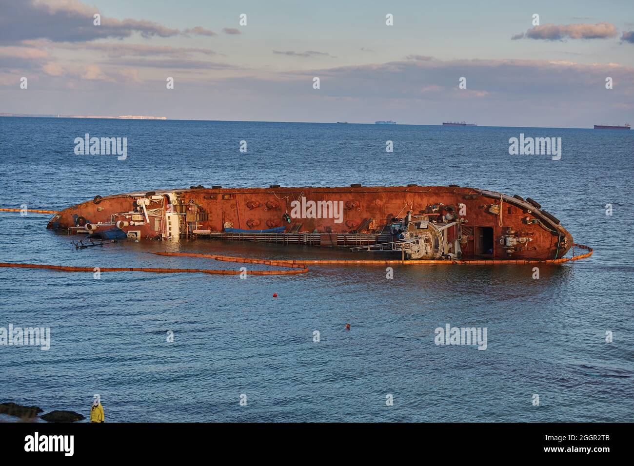 sunken tanker. Tanker Bunker threw storm ashore. The tanker lies on its ...