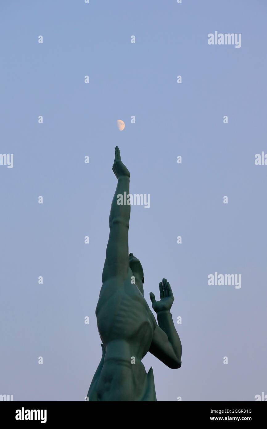 A closed up view of the statue of Fountain of Eternal Life with moon in ...