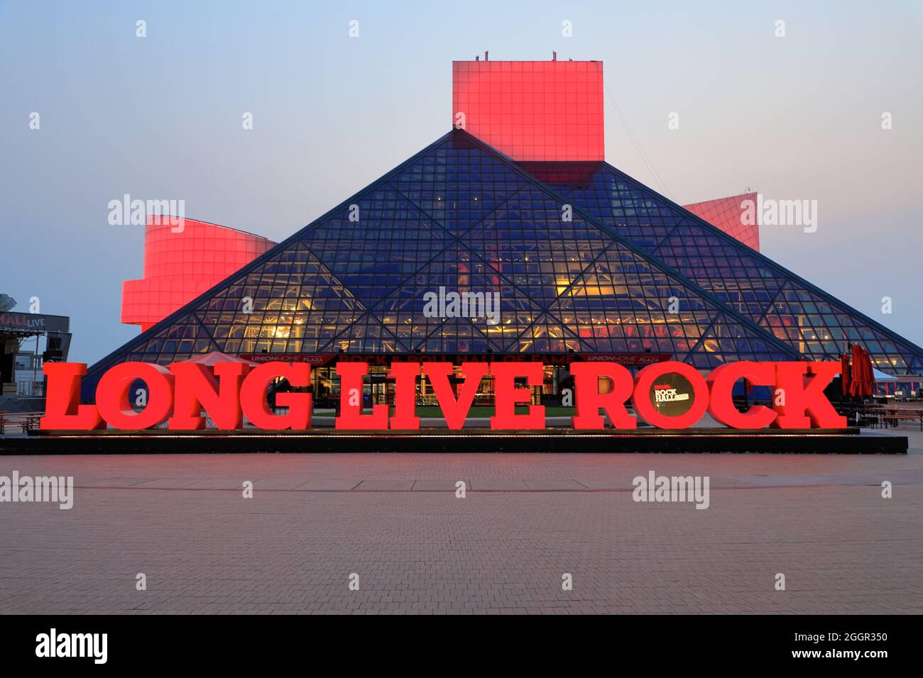 Twilight view of Rock and Roll Hall of Fame designed by architect I.M ...