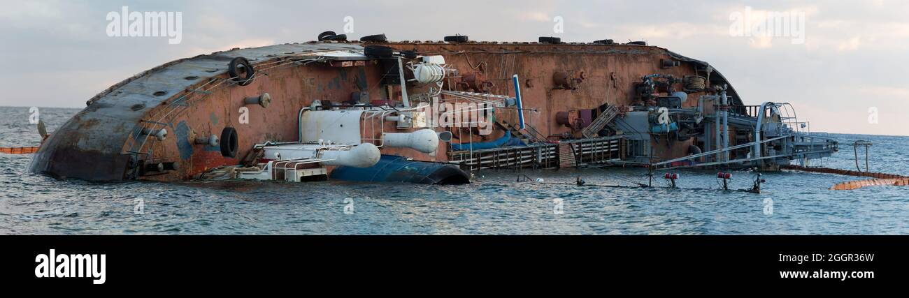 panoramic view sunken tanker. Tanker Bunker threw storm ashore. The ...