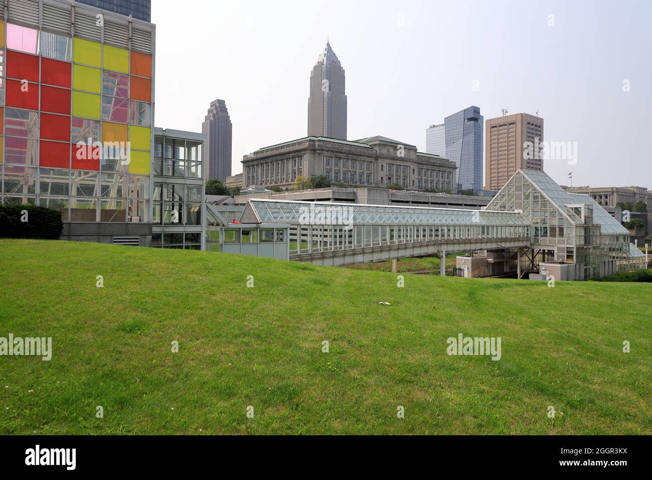 Downtown skyline with RTA-Cleveland metro train station in foreground ...