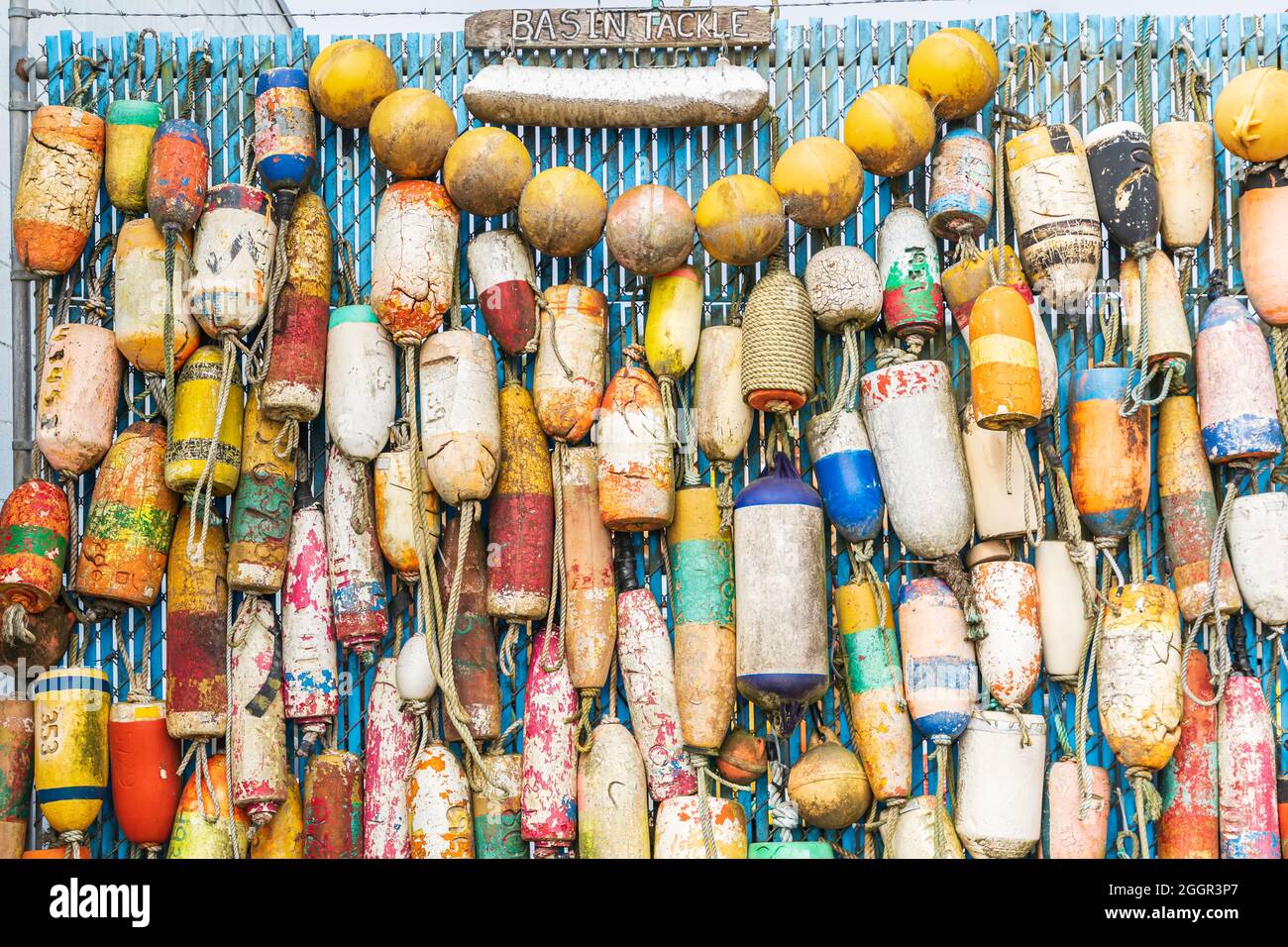 Coos Bay, Oregon, USA. May 2, 2021. Colorful crab trap floats at a ...