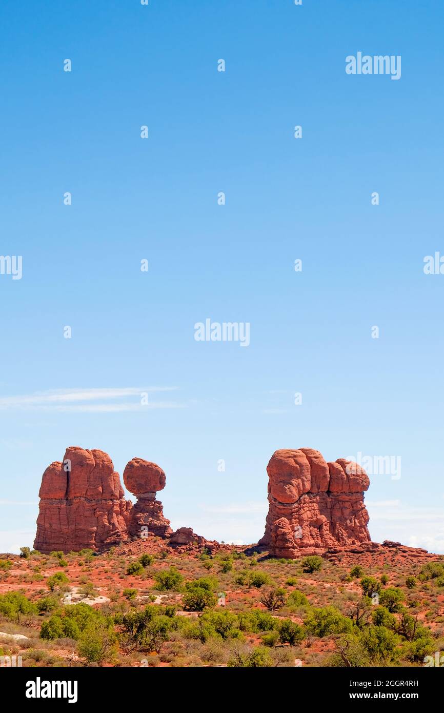 Vertical shot of the Rock spires in Arches National Park in Utah, the ...