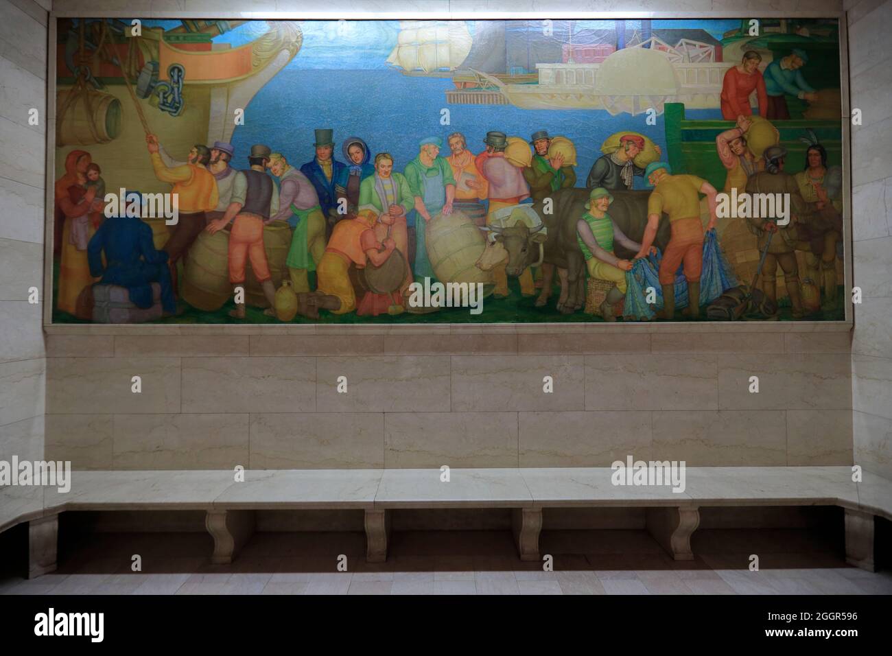 The mural and sculpture decorating the interior of the Main Library of ...