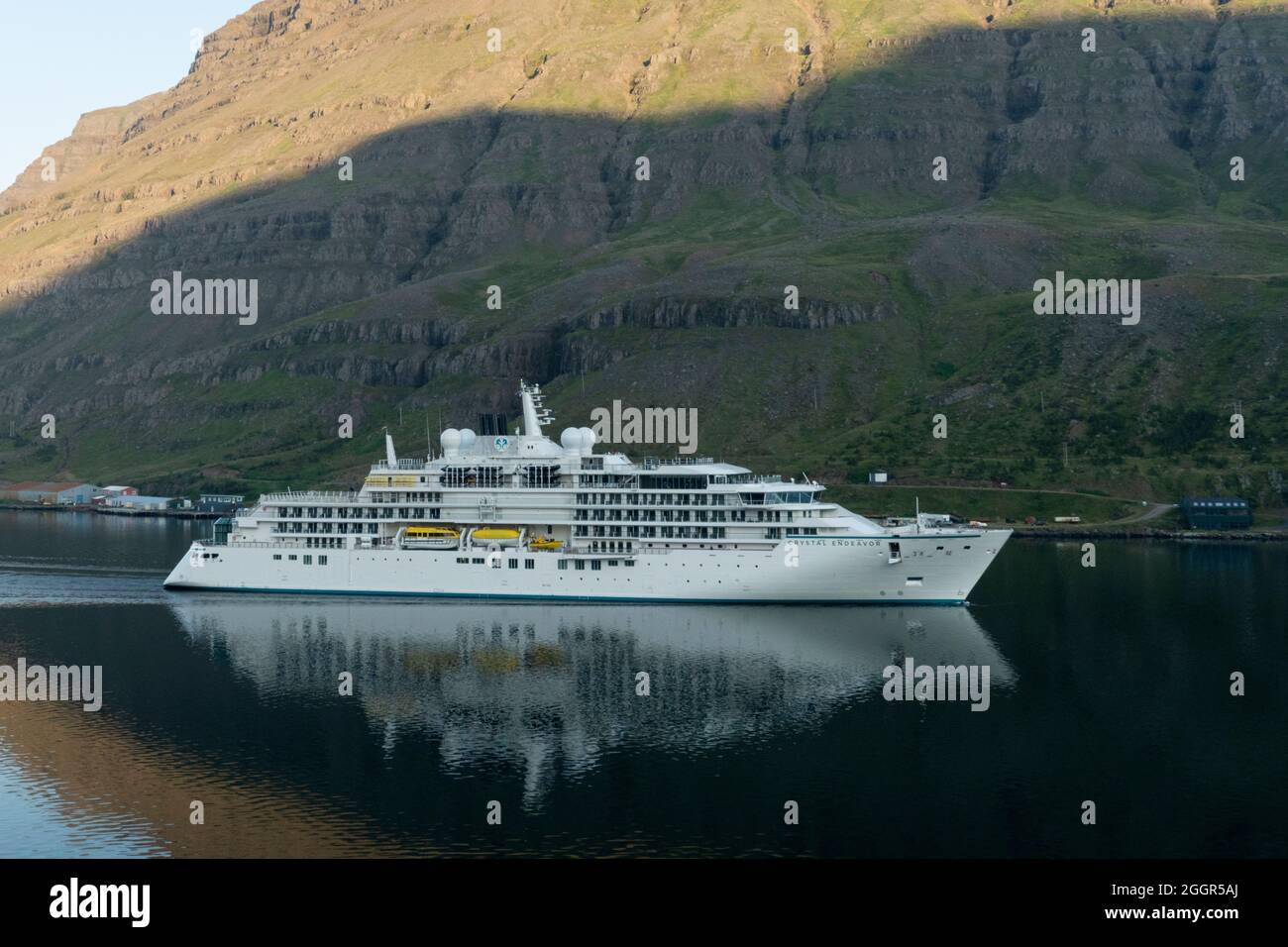 Luxury expedition yacht Crystal Endeavour arriving in the fjord at ...