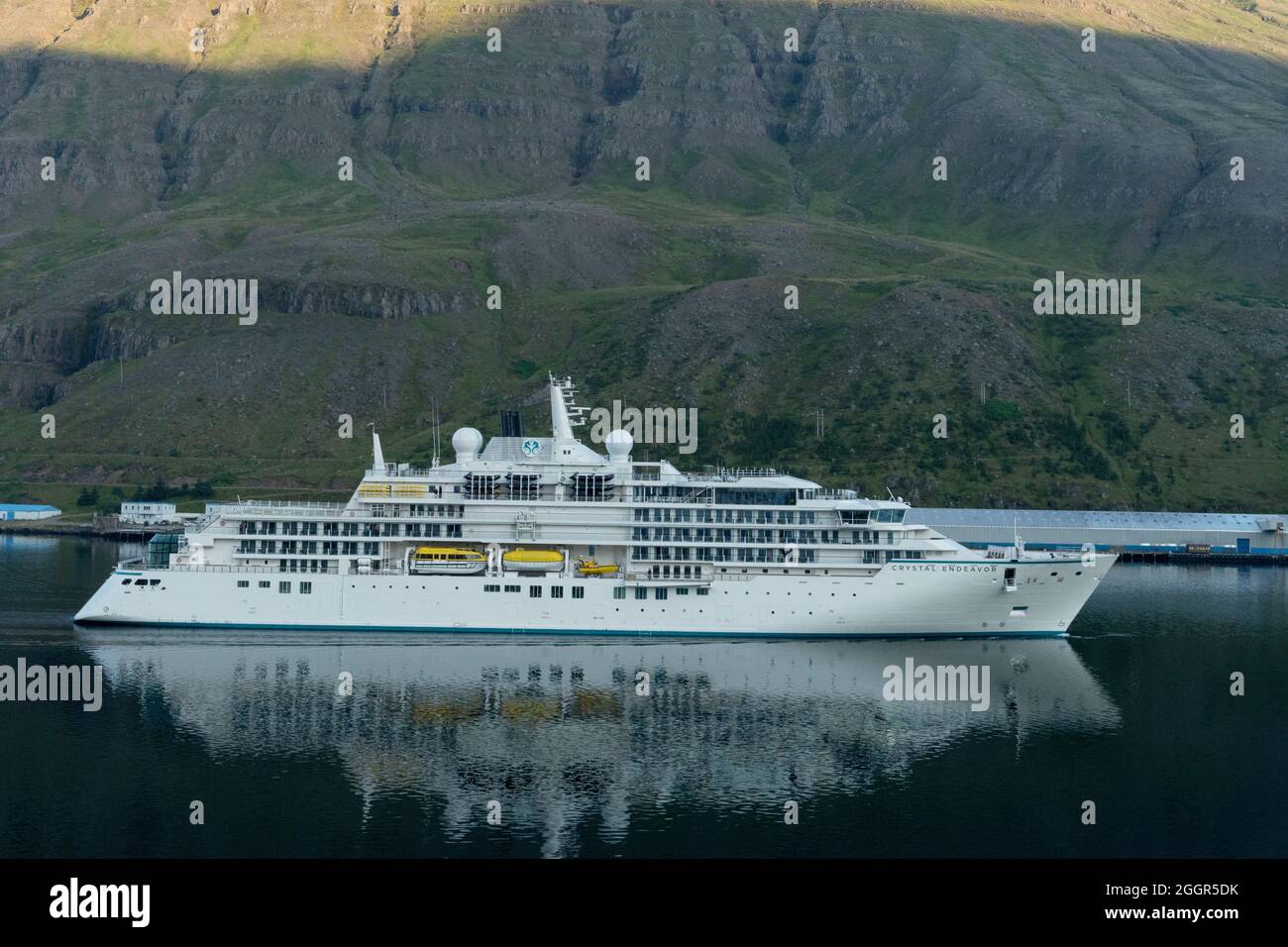 Luxury expedition yacht Crystal Endeavour arriving in the fjord at ...