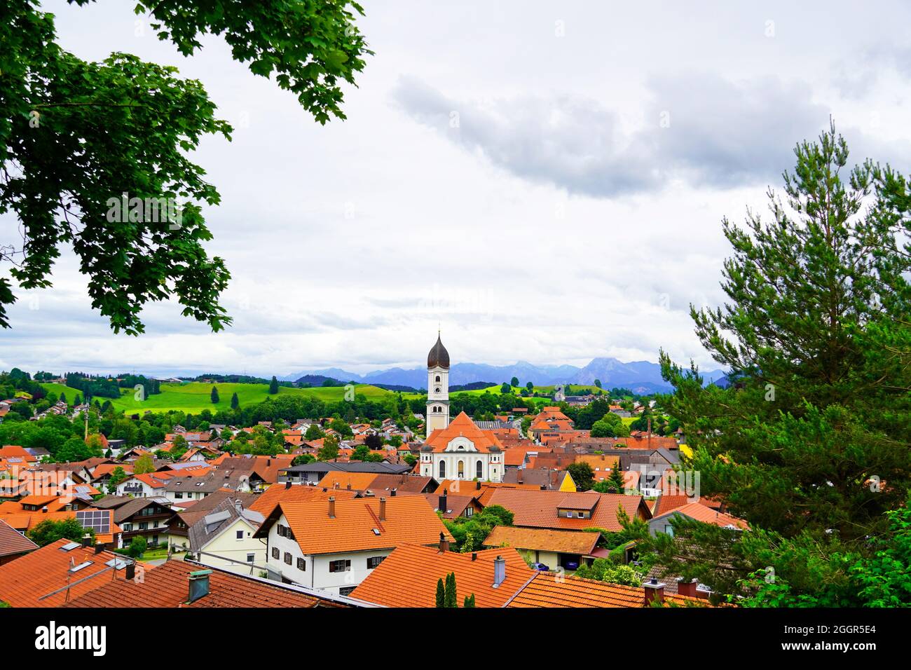 Panoramic view of Nesselwang in the Bavarian Allgäu. Top view of the ...
