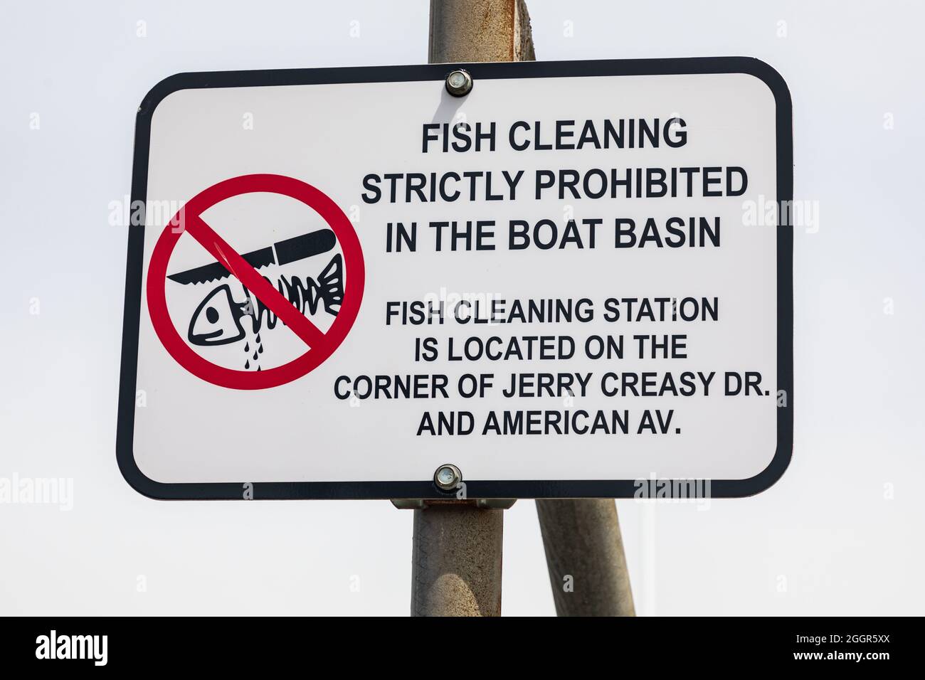 Garibaldi, Oregon, USA. May 5, 2021. Sign along the boat docks in ...