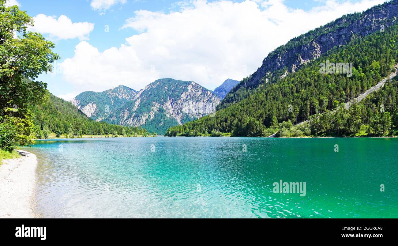 Landscape at the Plansee in Tyrol, Austria. Turquoise colored lake with ...