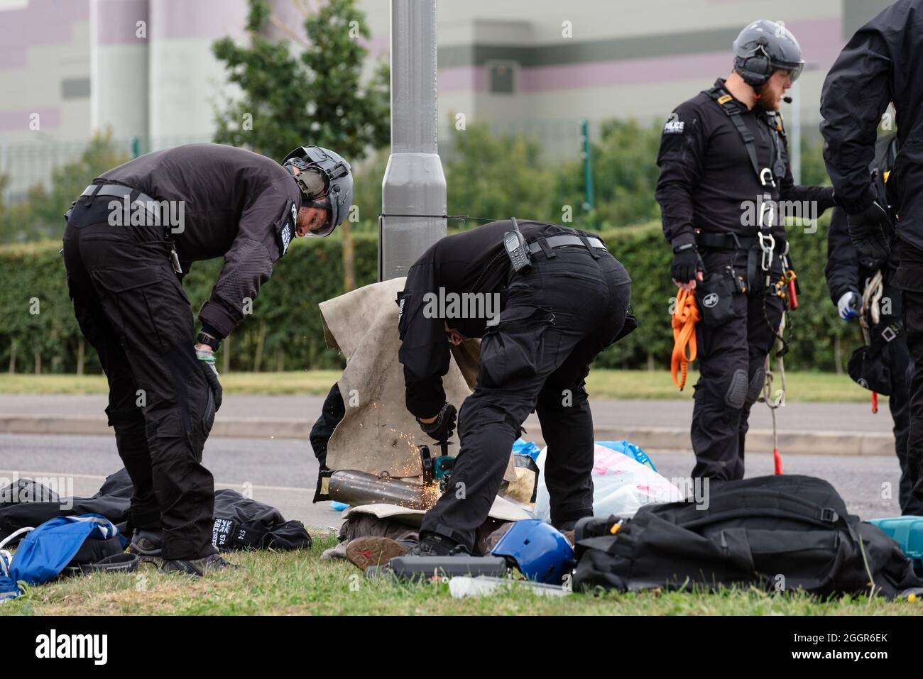 Aylesbury, UK. 31 August 2021. Animal Rebellion blockaded the entrance ...