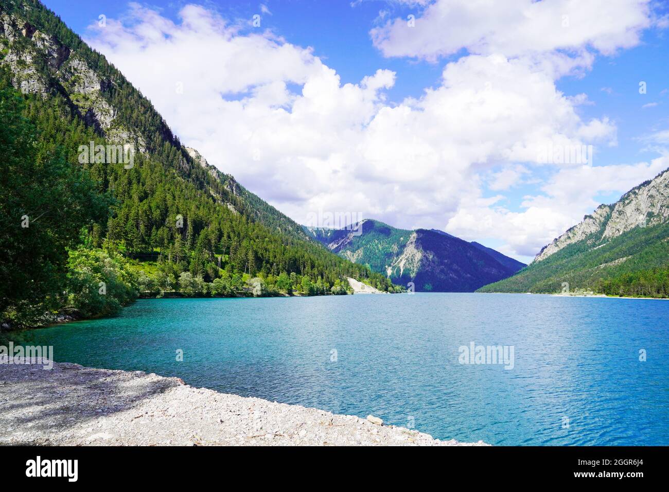 Landscape at the Plansee in Tyrol, Austria. Turquoise colored lake with ...