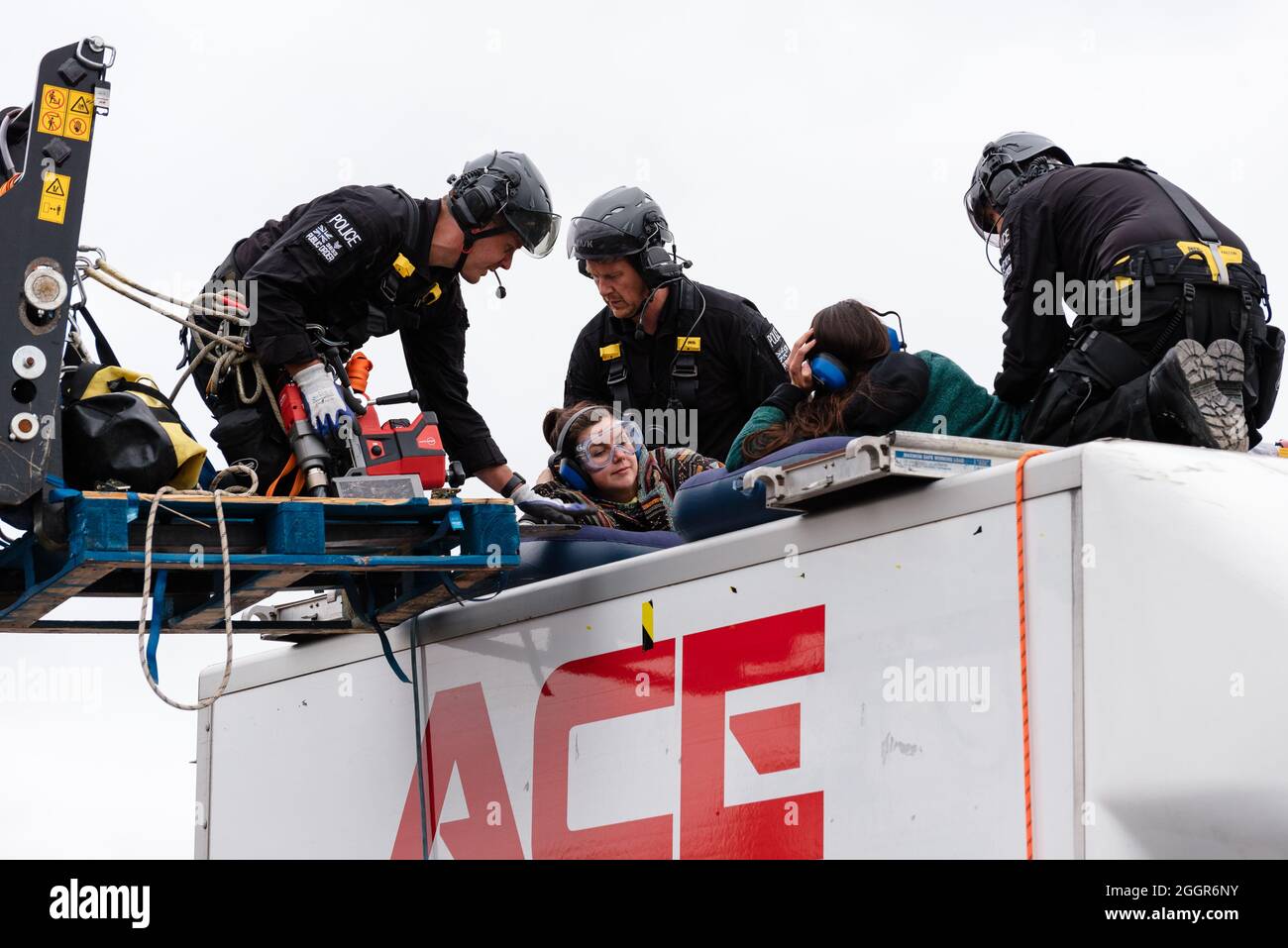 Aylesbury, UK. 31 August 2021. Animal Rebellion blockaded the entrance ...