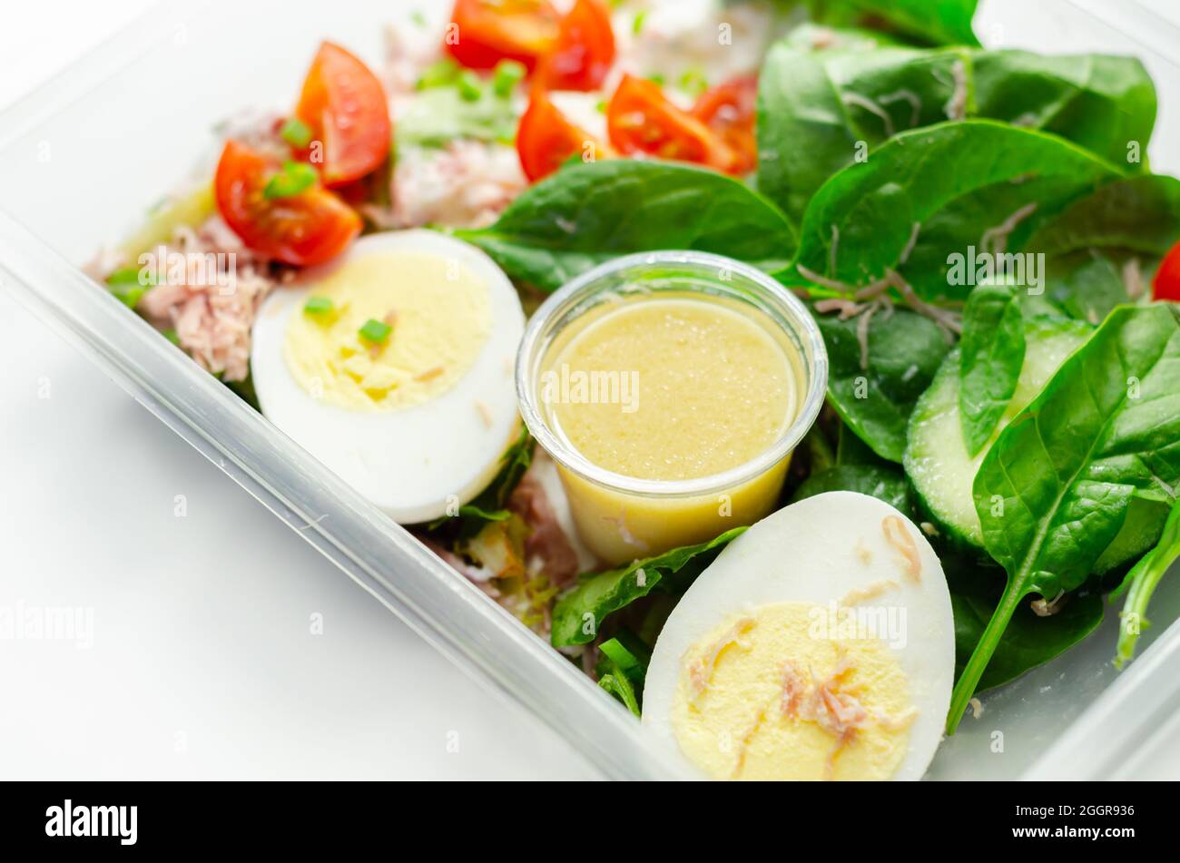 Healthy salad in the plastic food box, potato salad with hard boiled ...