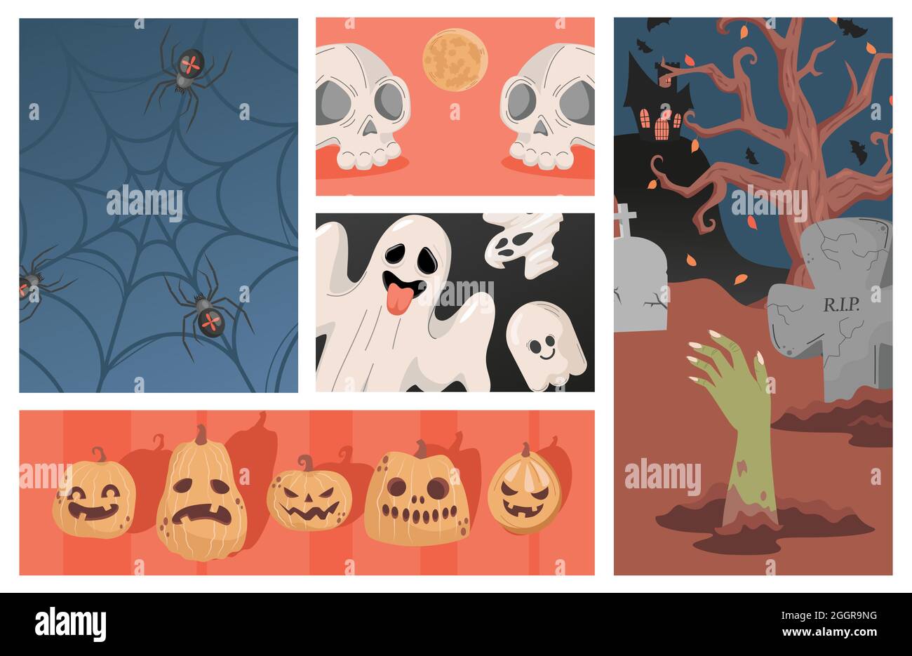 Set of Halloween party illustrations. Ugly scary pumpkin heads, ghosts ...