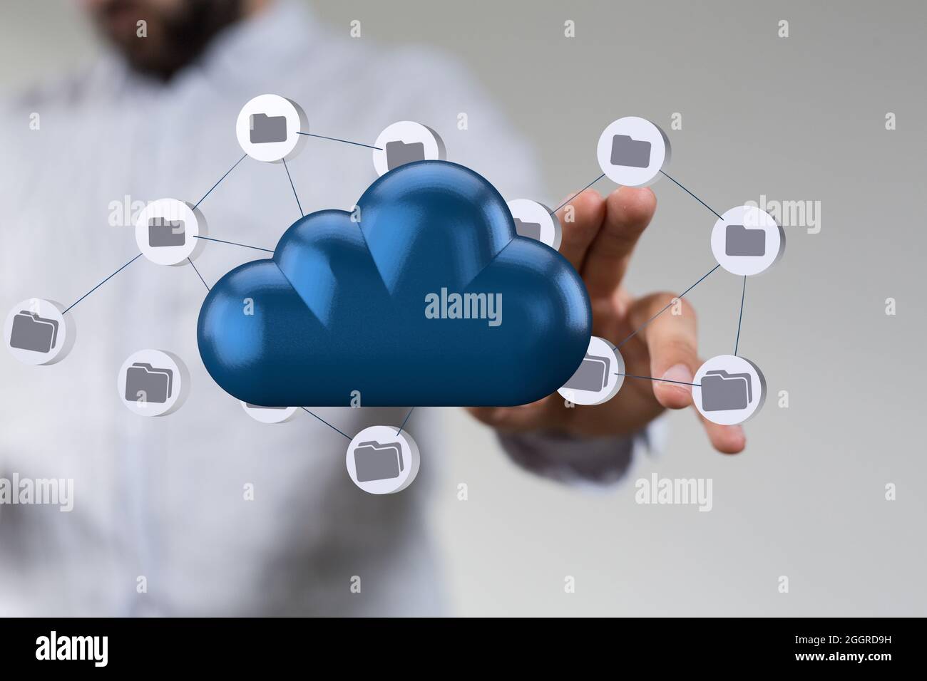 Hand touching floating 3D icons of cloud computing Stock Photo - Alamy
