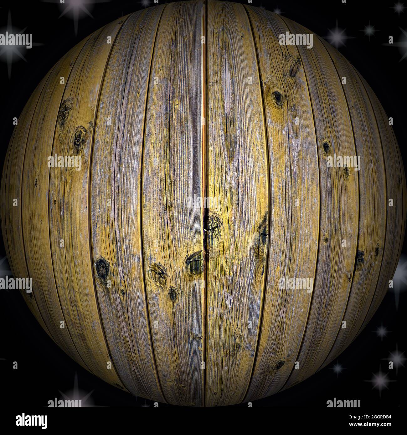 Illustration of a sphere made of wood planks against a black bckground ...