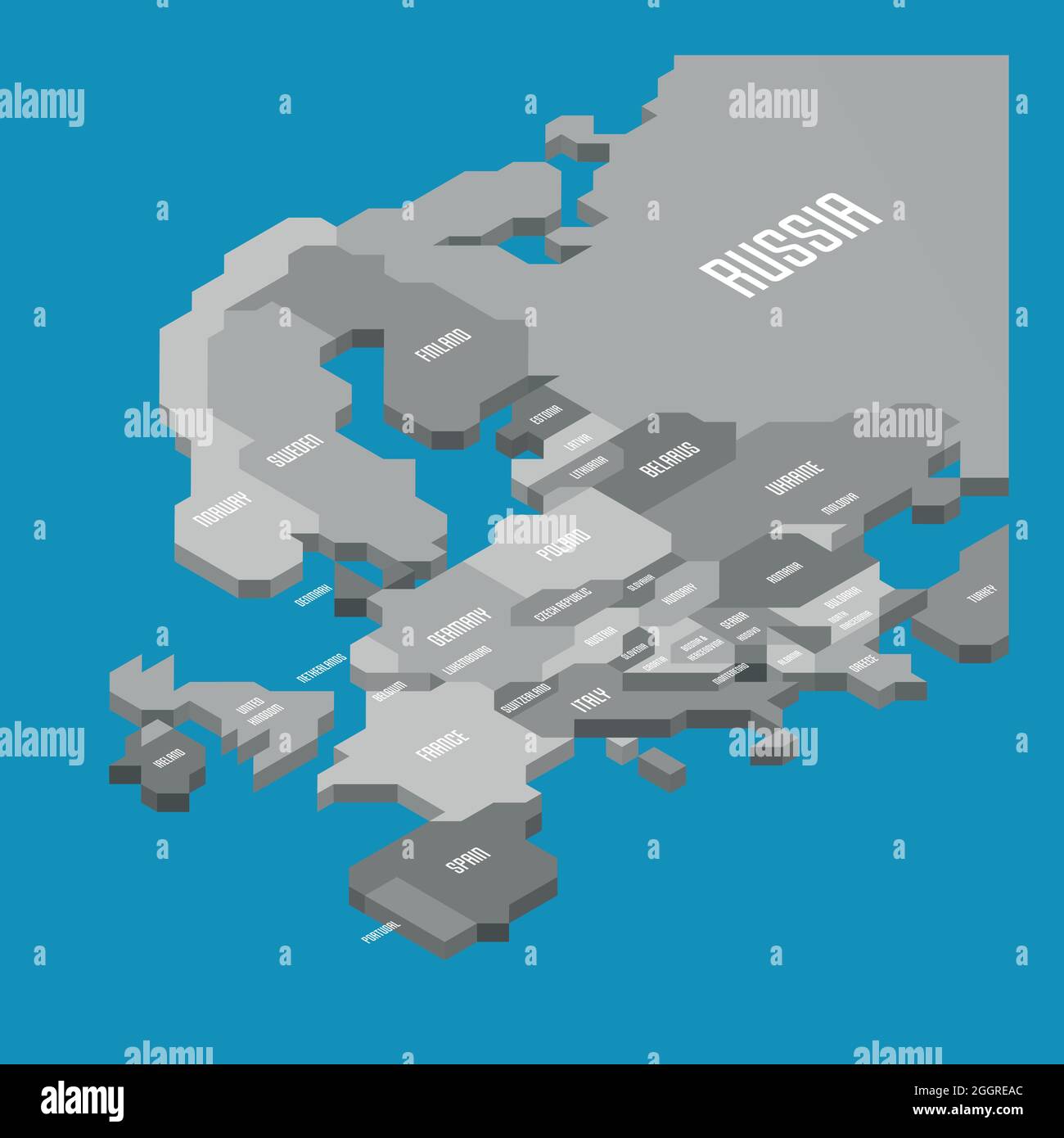 Isometric political map of Europe. Grey land with country name labels ...
