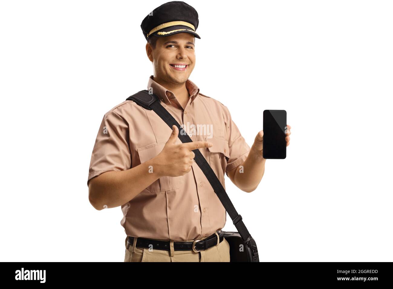 Mailman showing a mobile phone and smiling at camera isolated on white ...