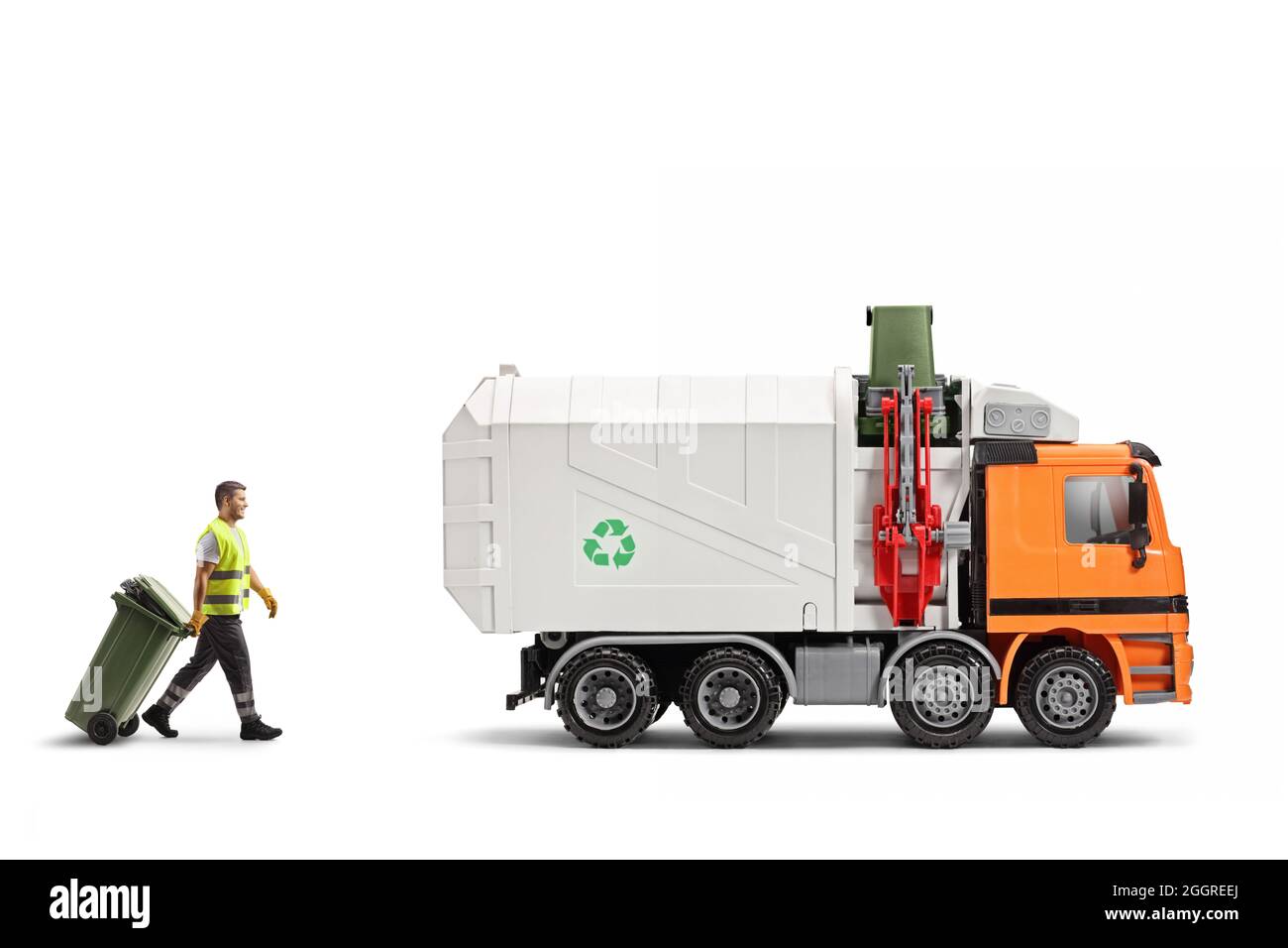 Waste collector pulling a bin towards a garbage truck isolated on white ...
