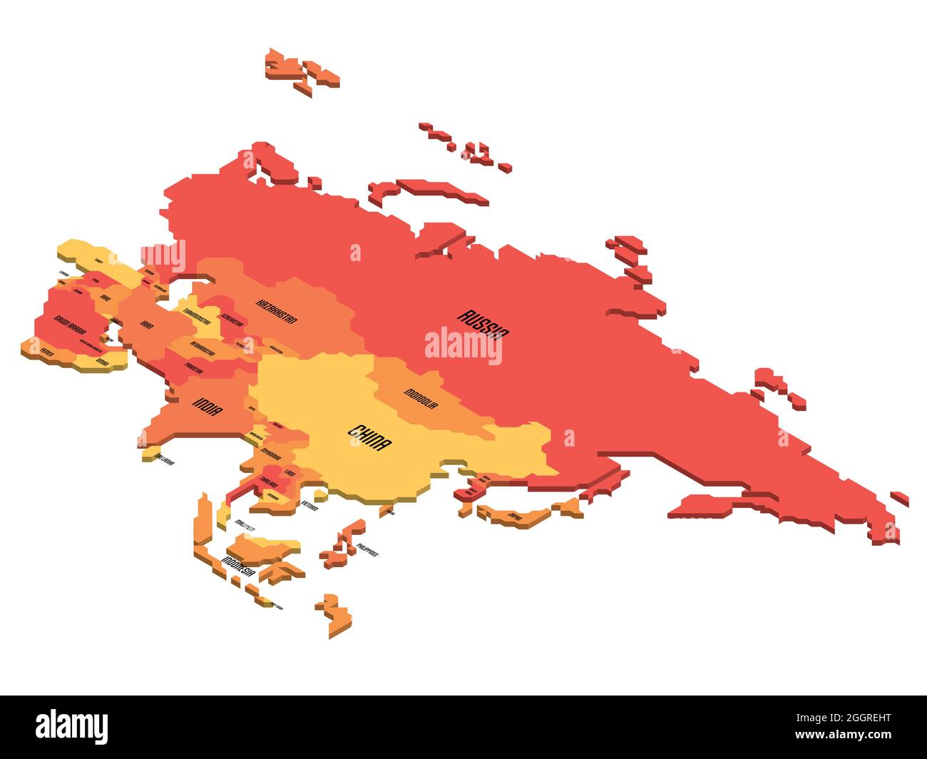 Isometric political map of Asia. Colorful land with country name labels ...