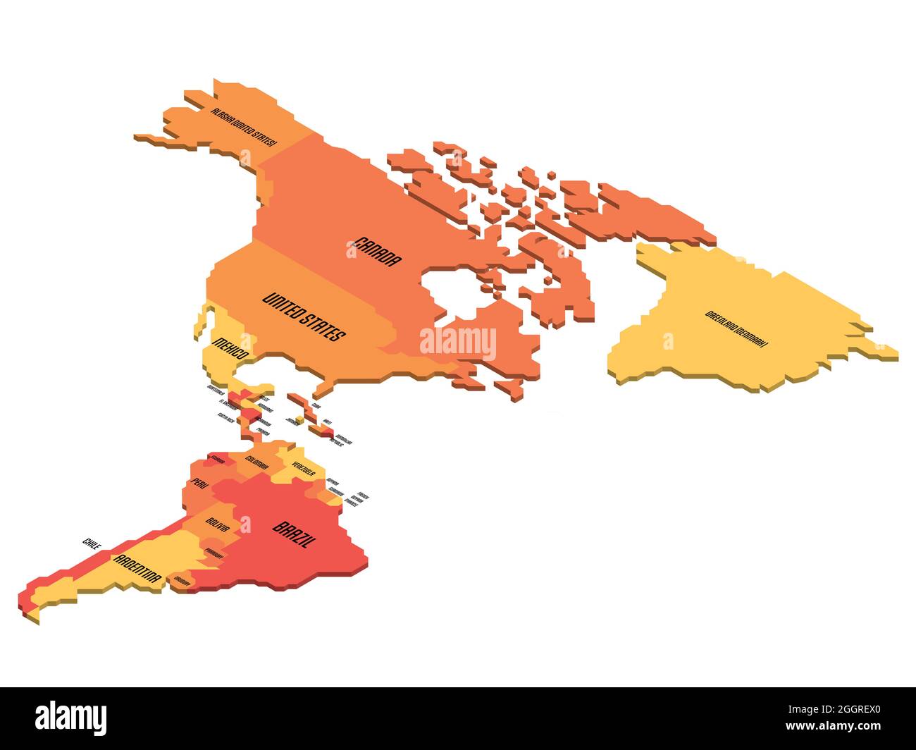 Isometric political map of Americas. Colorful land with country name ...