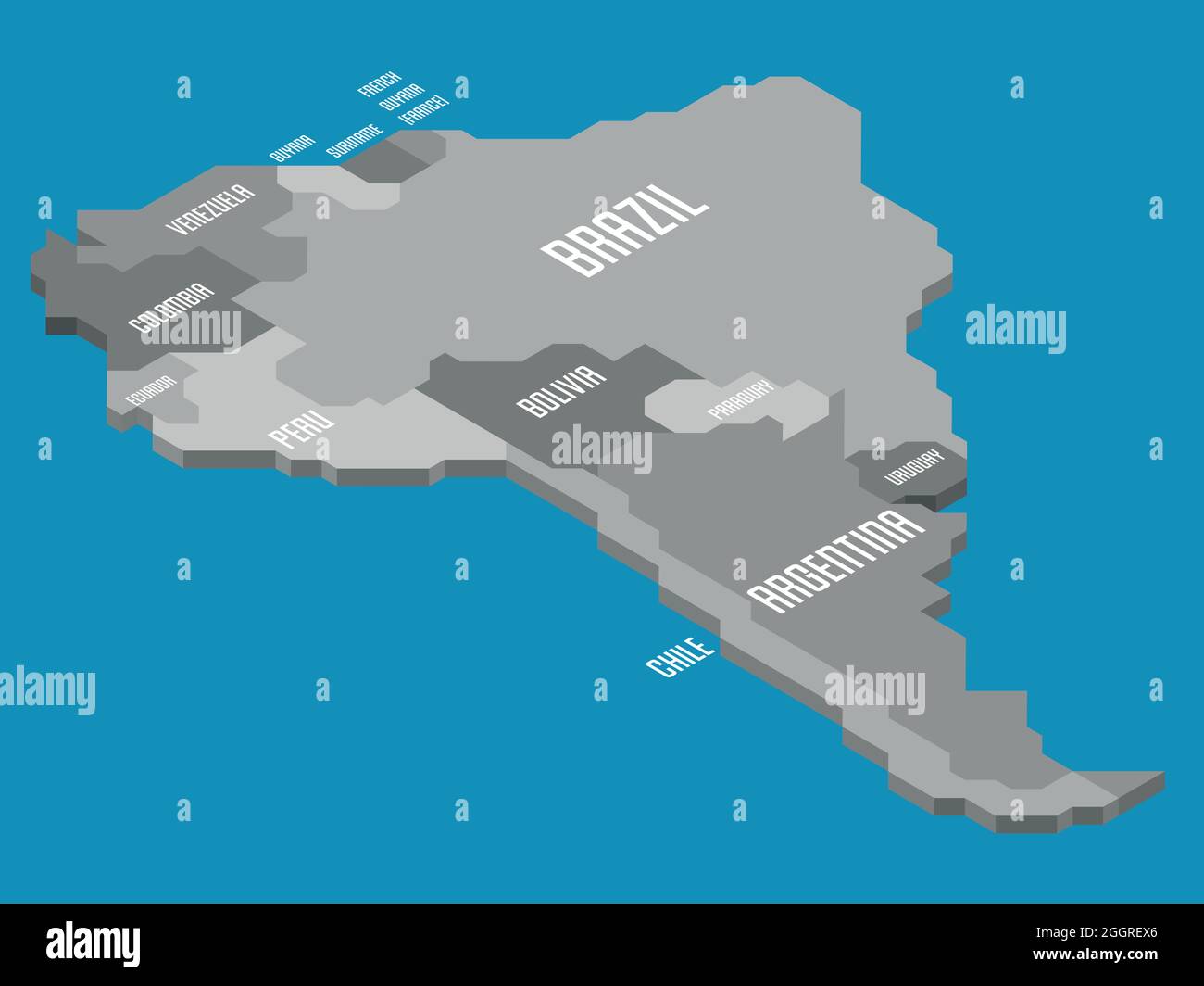 Isometric political map of South America. Grey land with country name ...