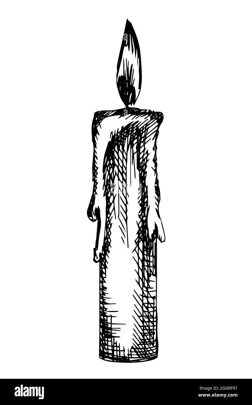 hand draw candle with fire. vector illustration ink on white background ...