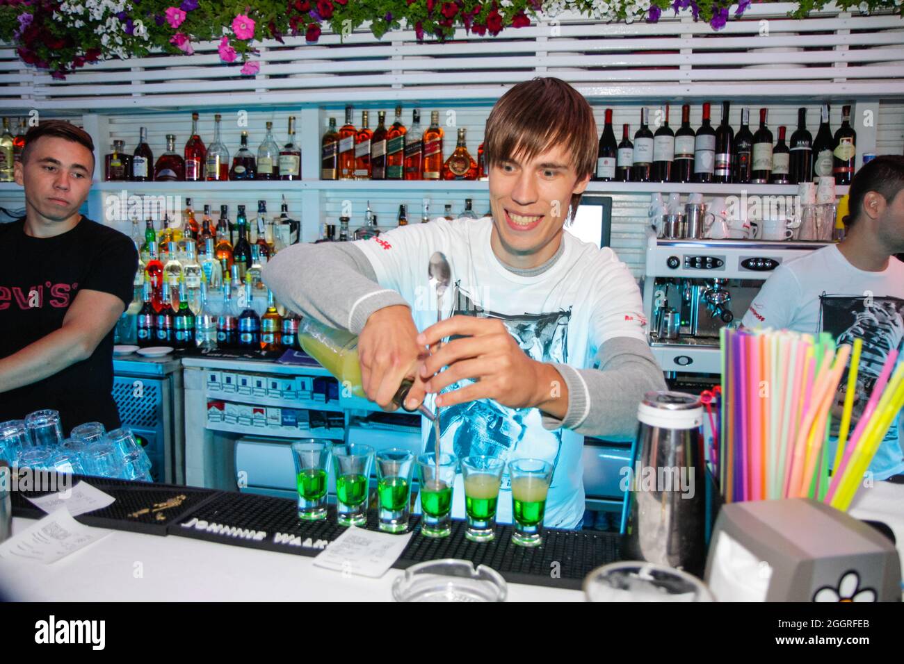 Odessa, Ukraine May 24, 2013: Barman at work in luxury nightclub during ...