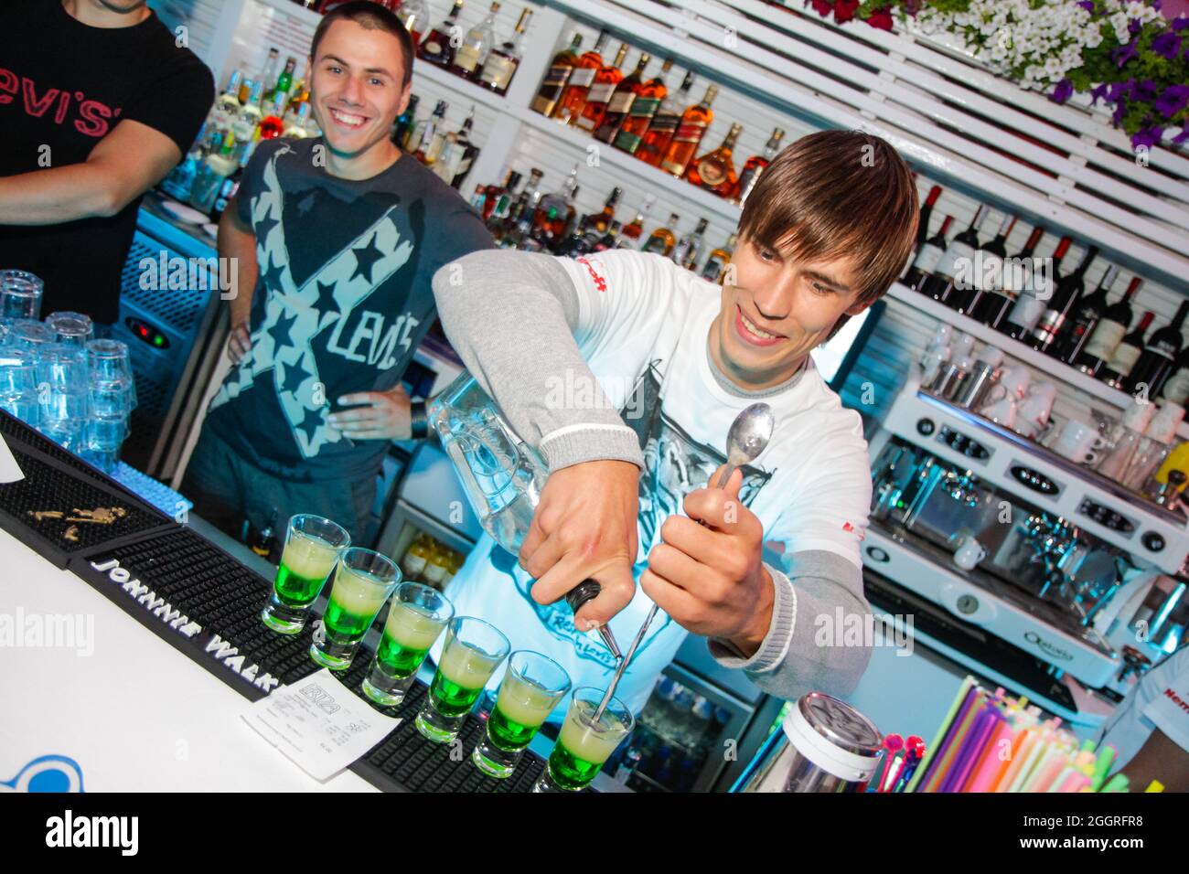 Odessa, Ukraine May 24, 2013: Barman at work in luxury nightclub during ...