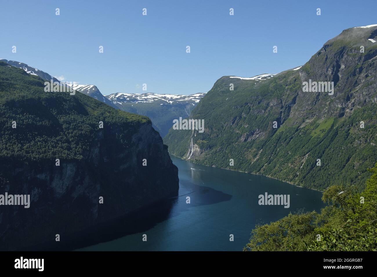 GEIRANGER, NORWAY - Aug 09, 2020: An aerial shot from the Geiranger ...